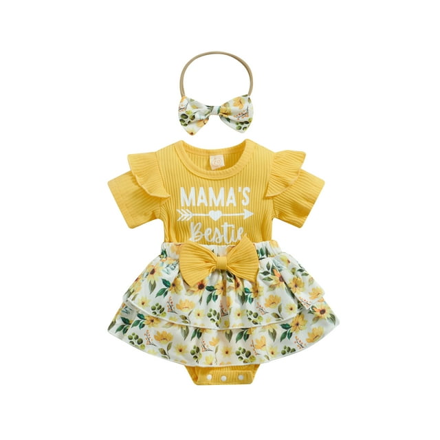 Summer Baby Girl Rompers Short Sleeve Floral Print Knitted Patchwork Jumpsuits Skirts Headband ...