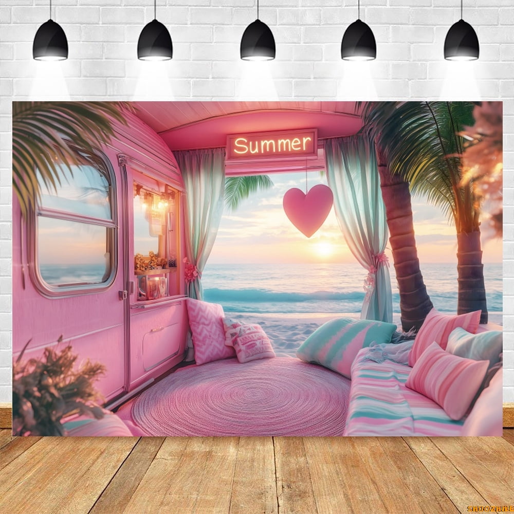 Summer Backdrop Photography Seaside Beach Sunset Pink Van Palm Tree ...