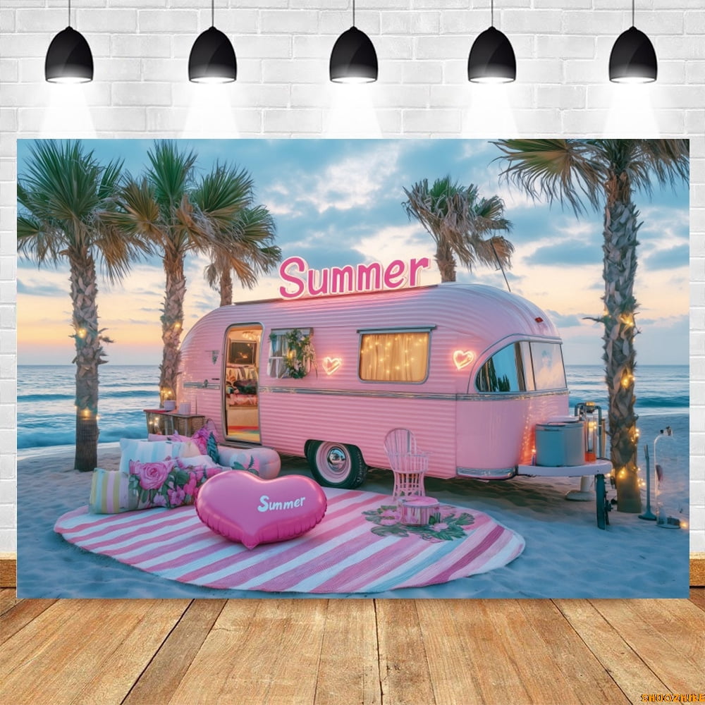 Summer Backdrop Photography Seaside Beach Sunset Pink Van Palm Tree ...