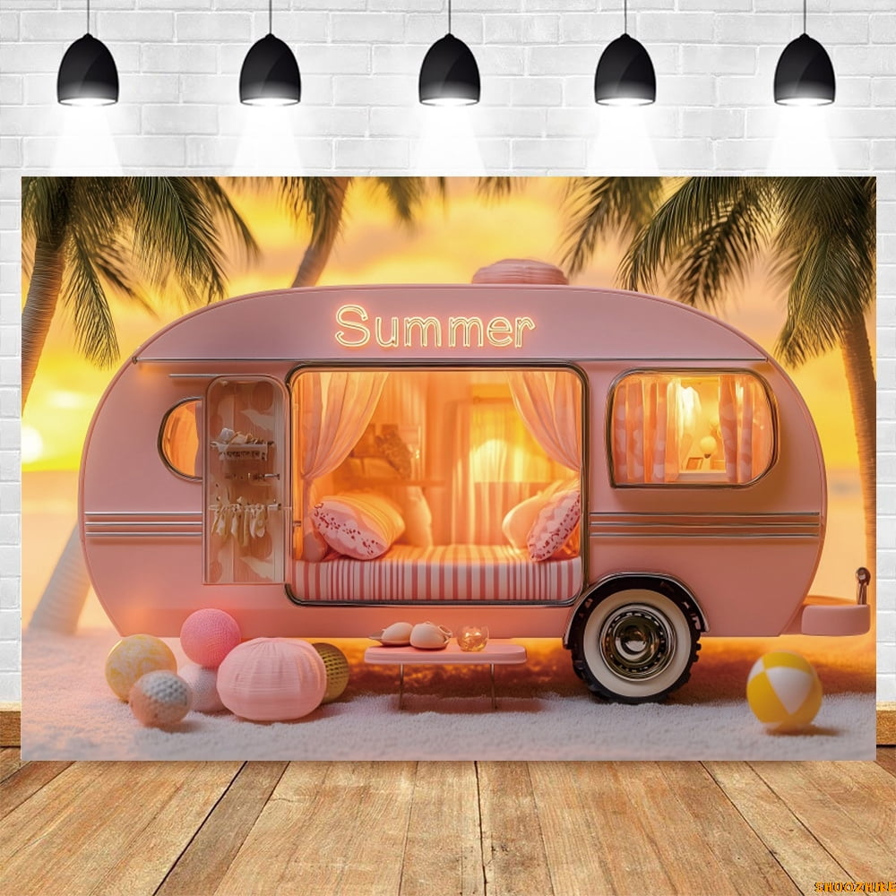Summer Backdrop Photography Seaside Beach Sunset Pink Van Palm Tree ...