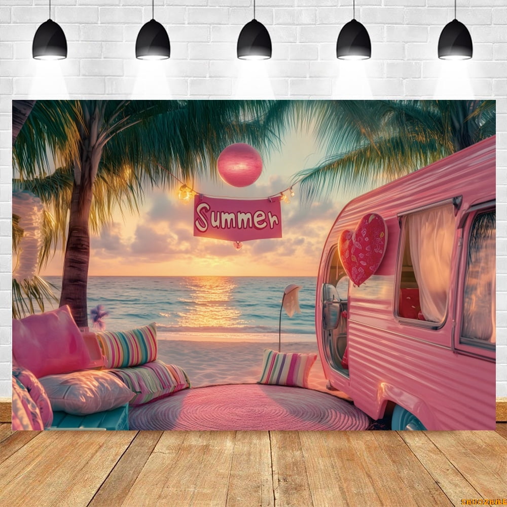 Summer Backdrop Photography Seaside Beach Sunset Pink Van Palm Tree ...