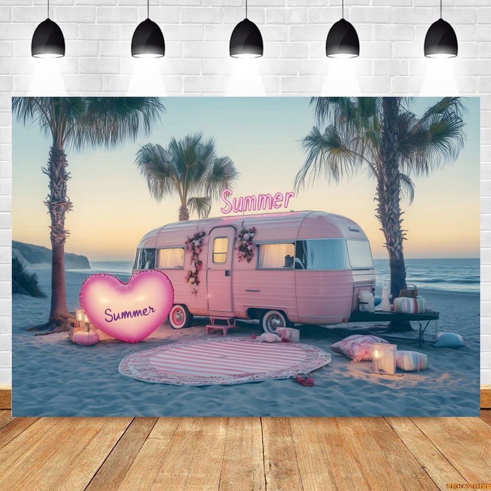 Summer Backdrop Photography Seaside Beach Sunset Pink Van Palm Tree ...