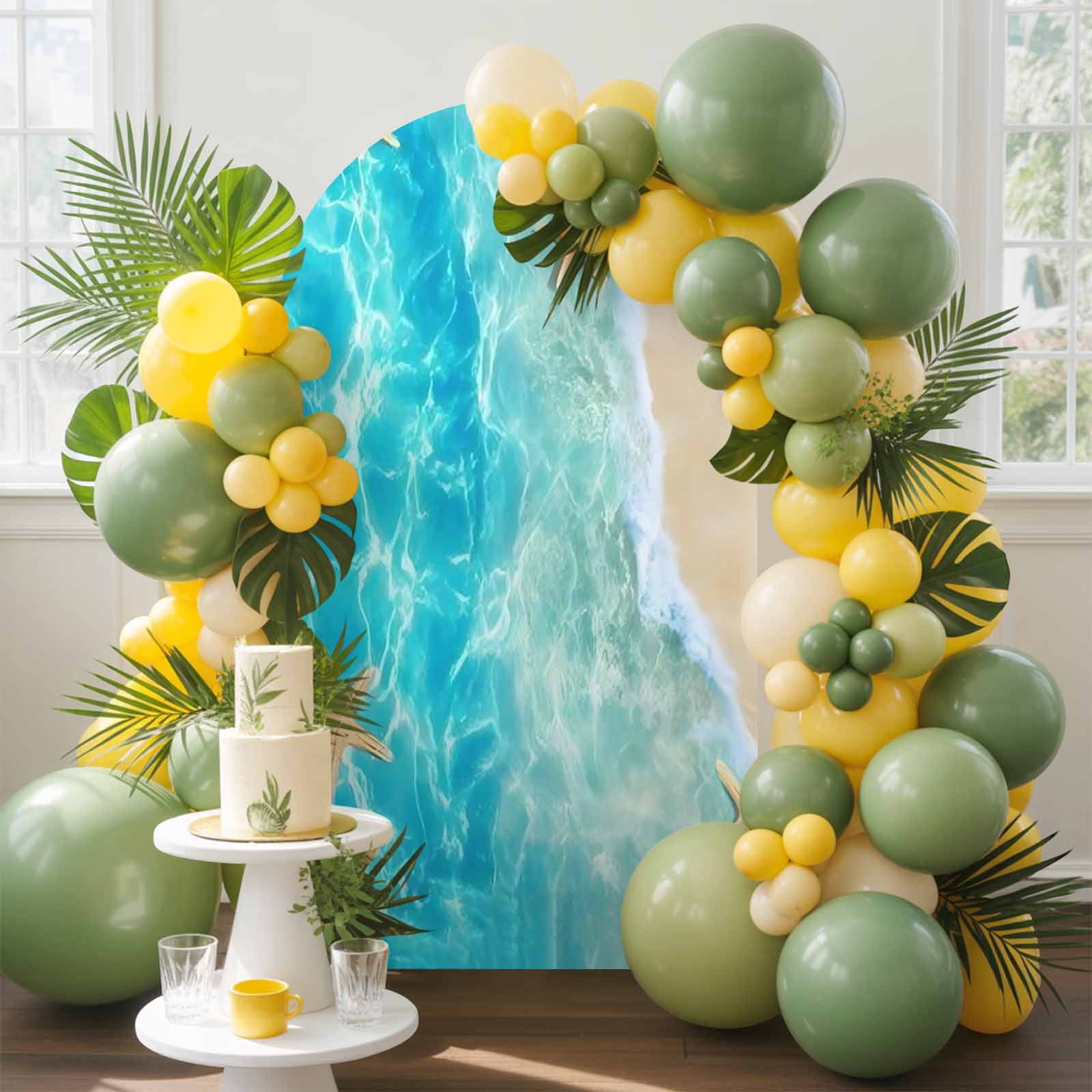 Summer Beach Arch Backdrop Cover, 7.2FT, Blue Teal Ocean Waves Beige ...