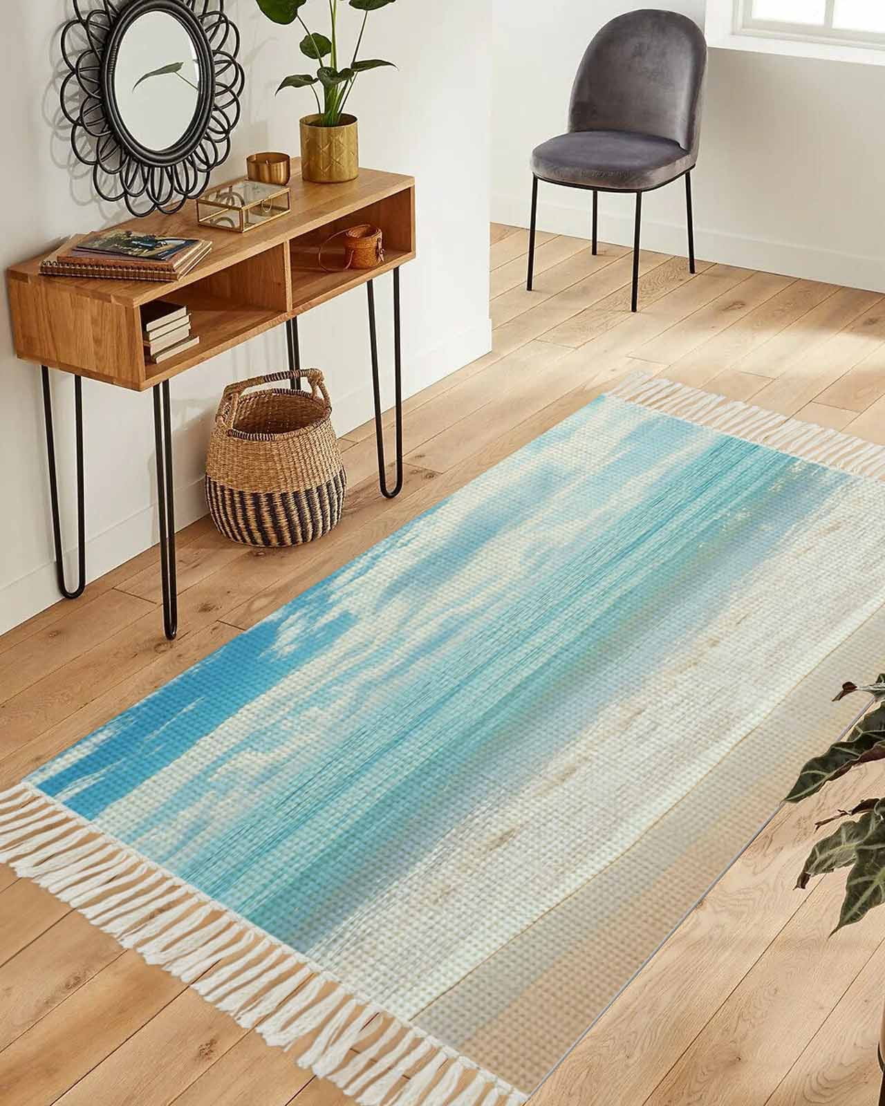 Summer Beach Area Rug 3x5ft Woven Runner Rug, Ocean Waves Coastal Blue ...