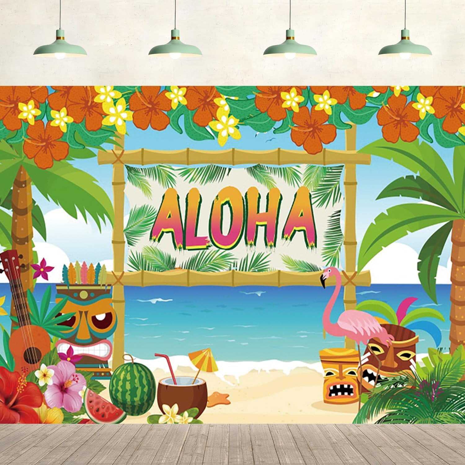 Summer Beach Backdrop Aloha Hawaiian Seaside Tropical Flowers Palm Tree ...