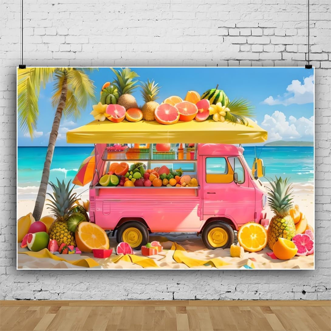 Summer Beach Backdrop Ocean Hawaiian Luau Party Pink Truck Palm Tree ...