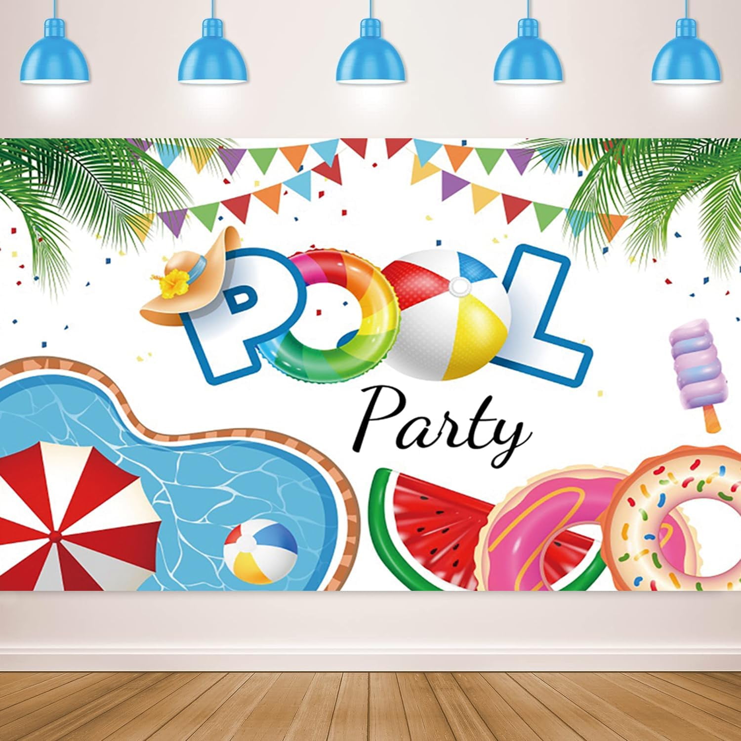 Summer Beach Backdrop Pool Party Palm Leaves Swim Ring Beach Ball ...