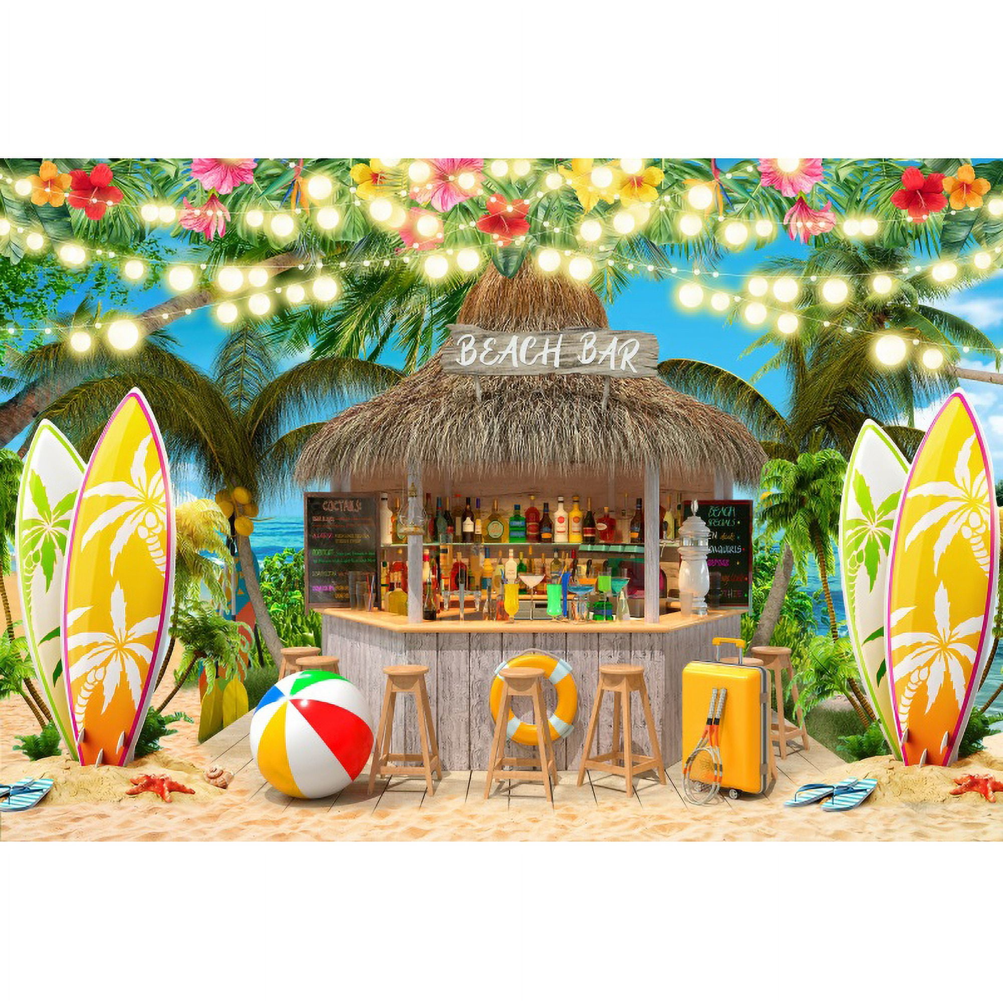 Summer Beach Backdrop Surfboard Van Palm Tree Holiday Seaside ...