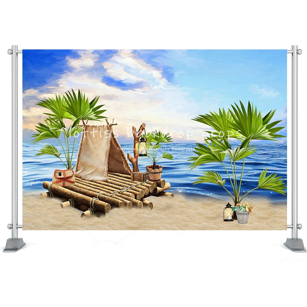 Summer Beach Backdrop Surfboard Van Palm Tree Holiday Seaside ...