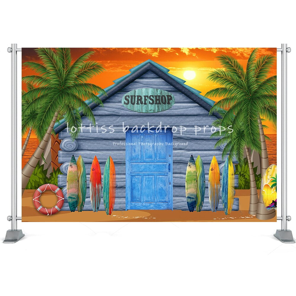 Summer Beach Backdrop Surfboard Van Palm Tree Holiday Seaside ...