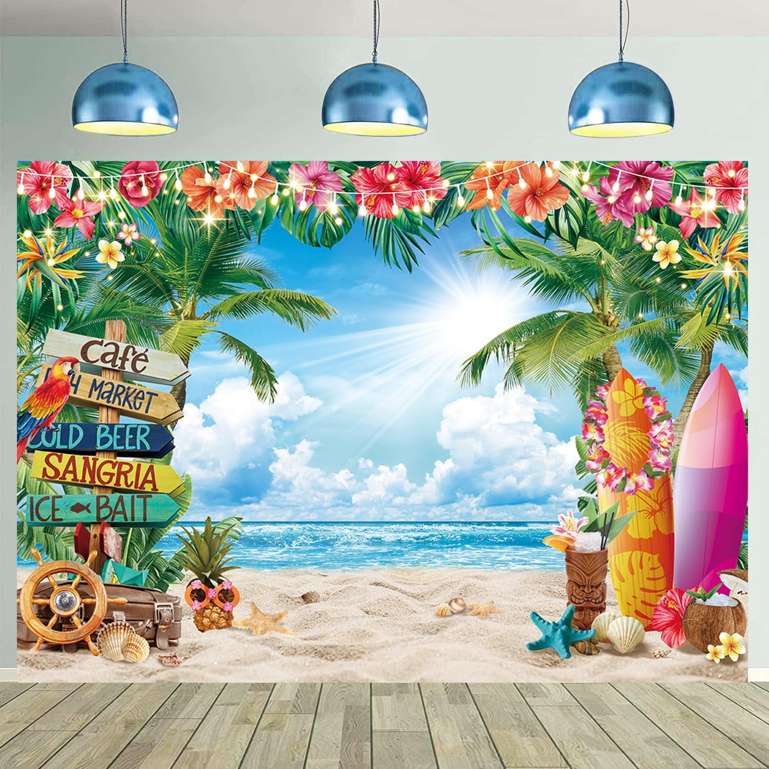 Summer Beach Backdrop Tropical Palm Leaves Surfboard Flower Hawaiian ...