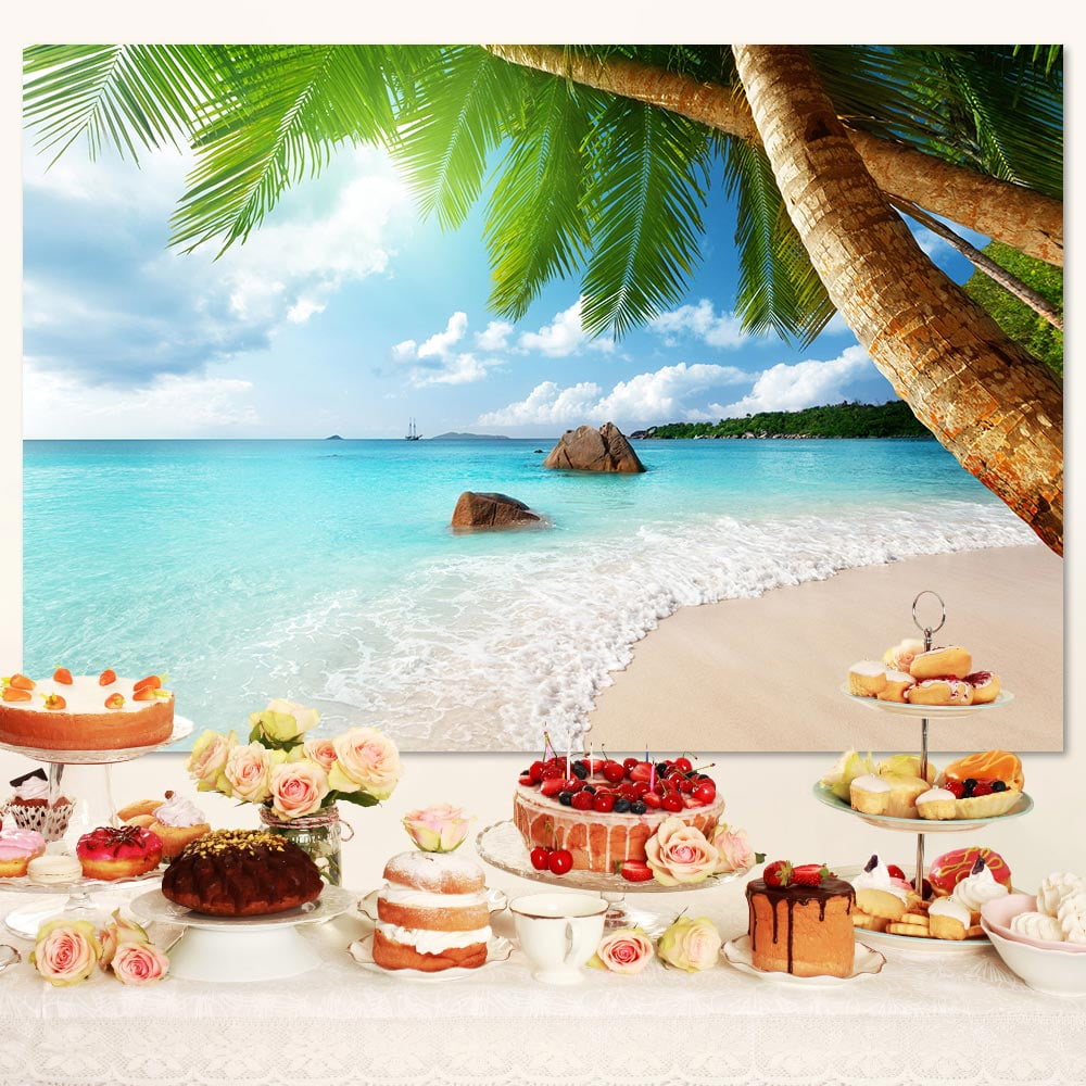 Summer Beach Backdrop Tropical Seaside Scene Palm Trees Sea Island Blue ...