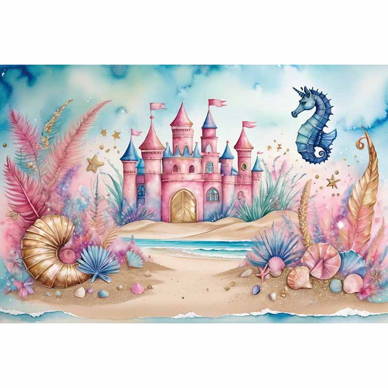Summer Beach Birthday Party Backdrop Mermaid ss Castle Shell Sand ...