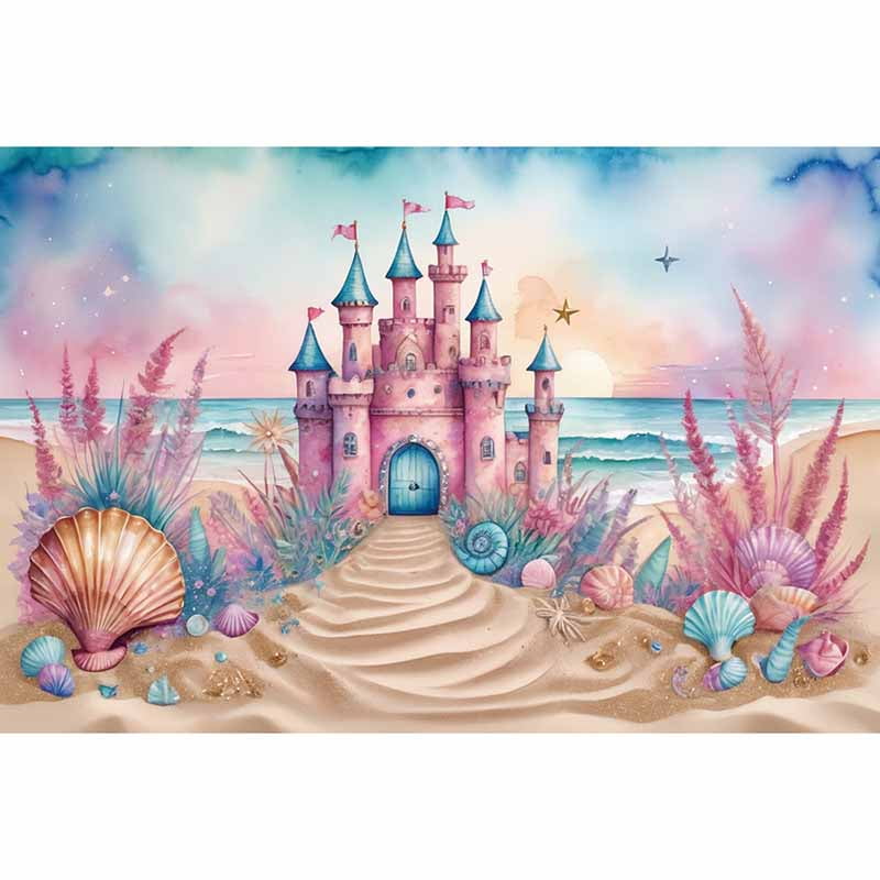 Summer Beach Birthday Party Backdrop Mermaid ss Castle Shell Sand ...