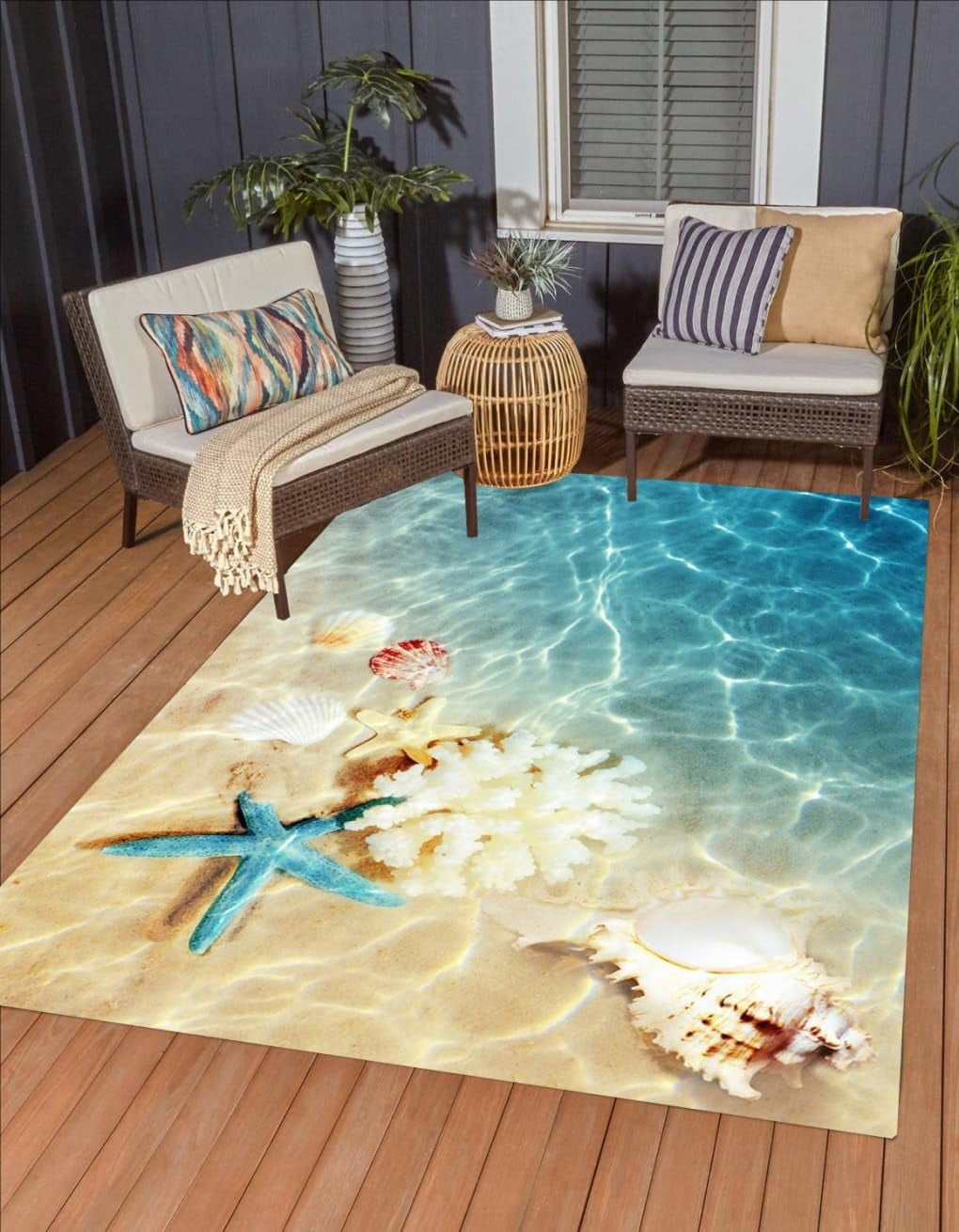 Summer Beach Blue Sea Water Starfish Shells 3D Print Area Rug For Patio ...