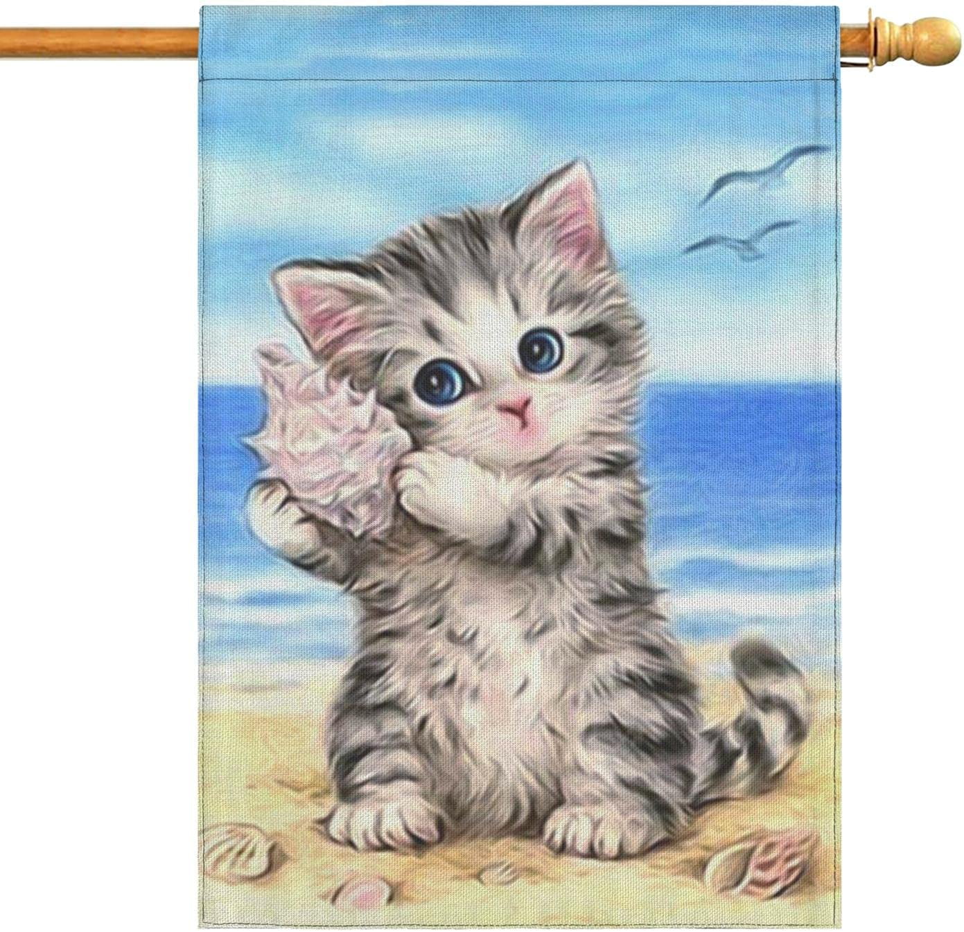 Summer Beach Cat Garden Flag Double Sided Vertical Burlap Yard Outdoor ...