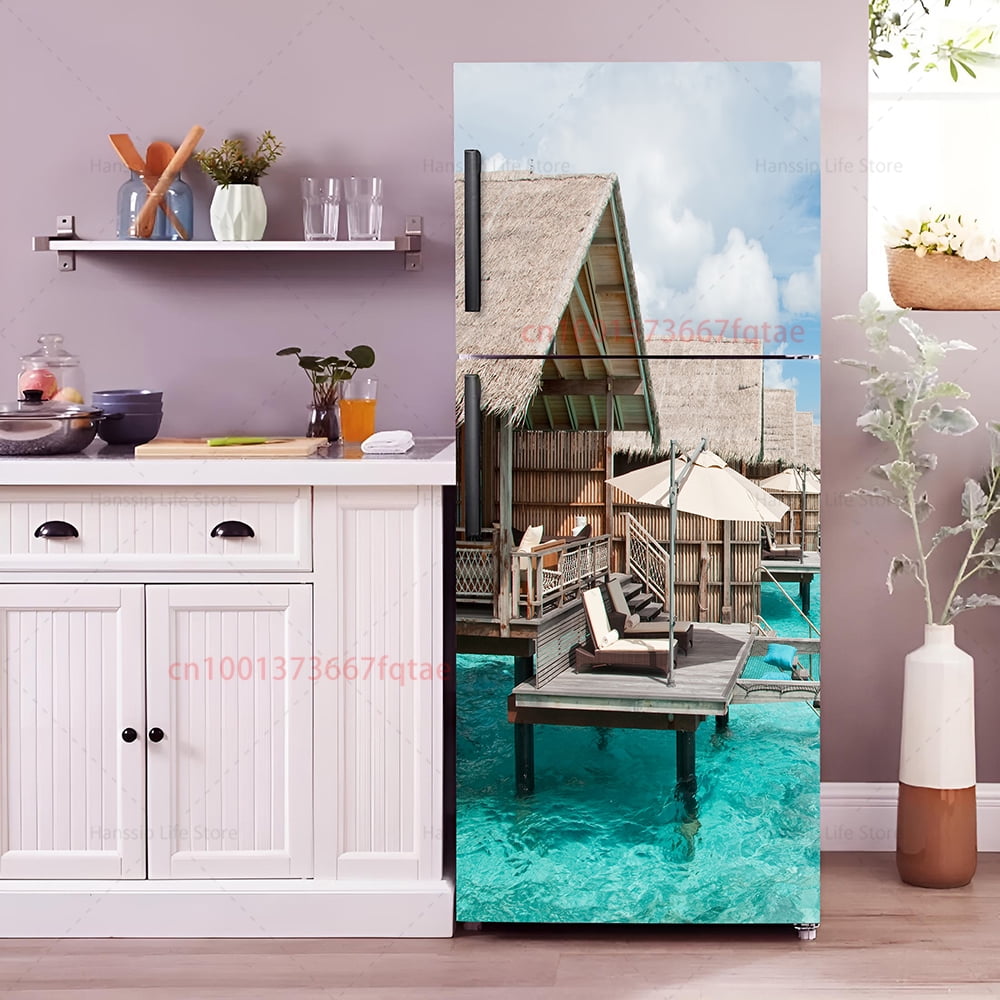 Summer Beach Chair Mural Fridge Door Wrap Cover Waterproof PVC Kitchen ...