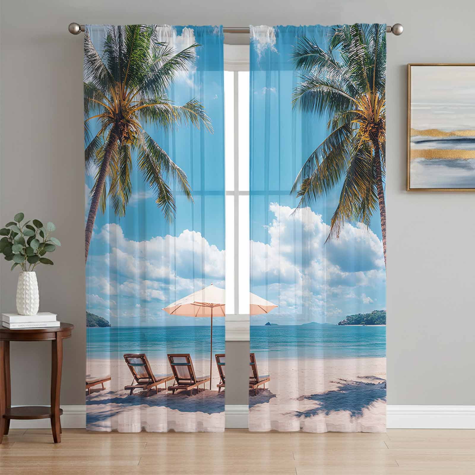 Summer Beach Coastal Sheer Curtains 72 Inch Length 2 Panels Set, Blue ...