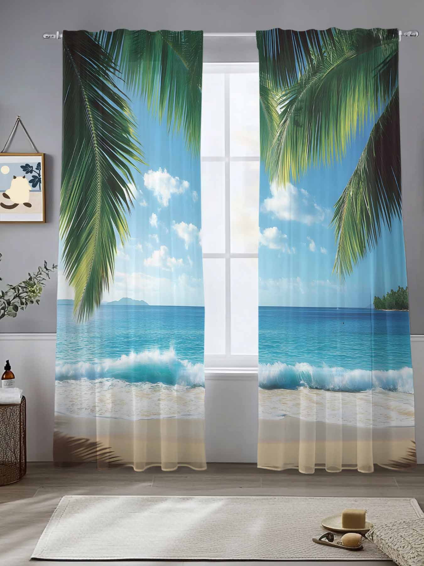 Summer Beach Coastal Sheer Curtains for Living Room Bedroom Palm Tree ...