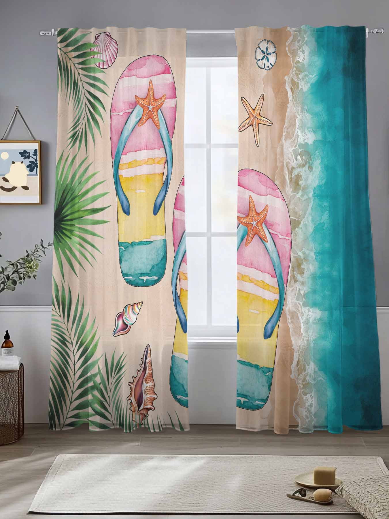 Summer Beach Coastal Sheer Curtains for Living Room Bedroom Slippers ...