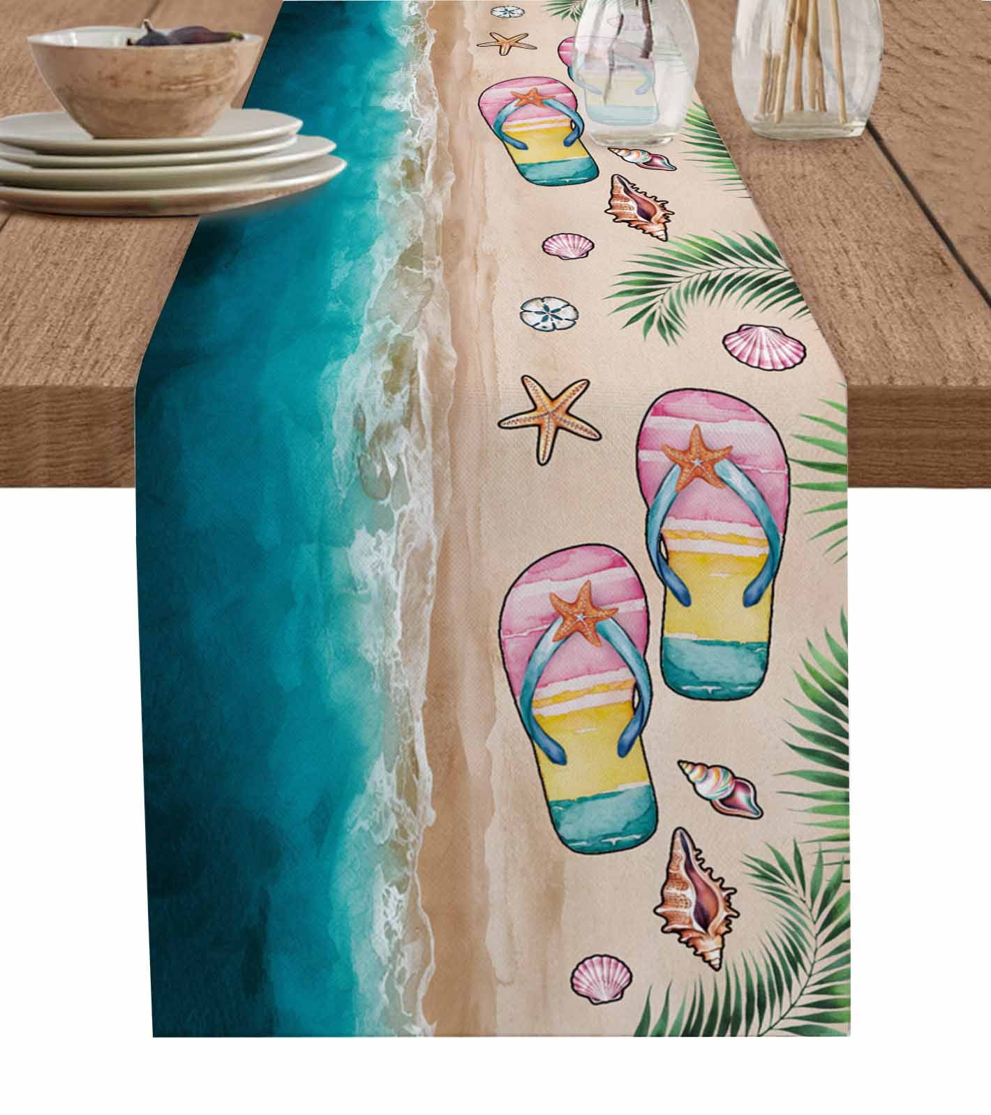 Summer Beach Coastal Table Runner 70 Inches, Slippers Palm Leaf Shells ...
