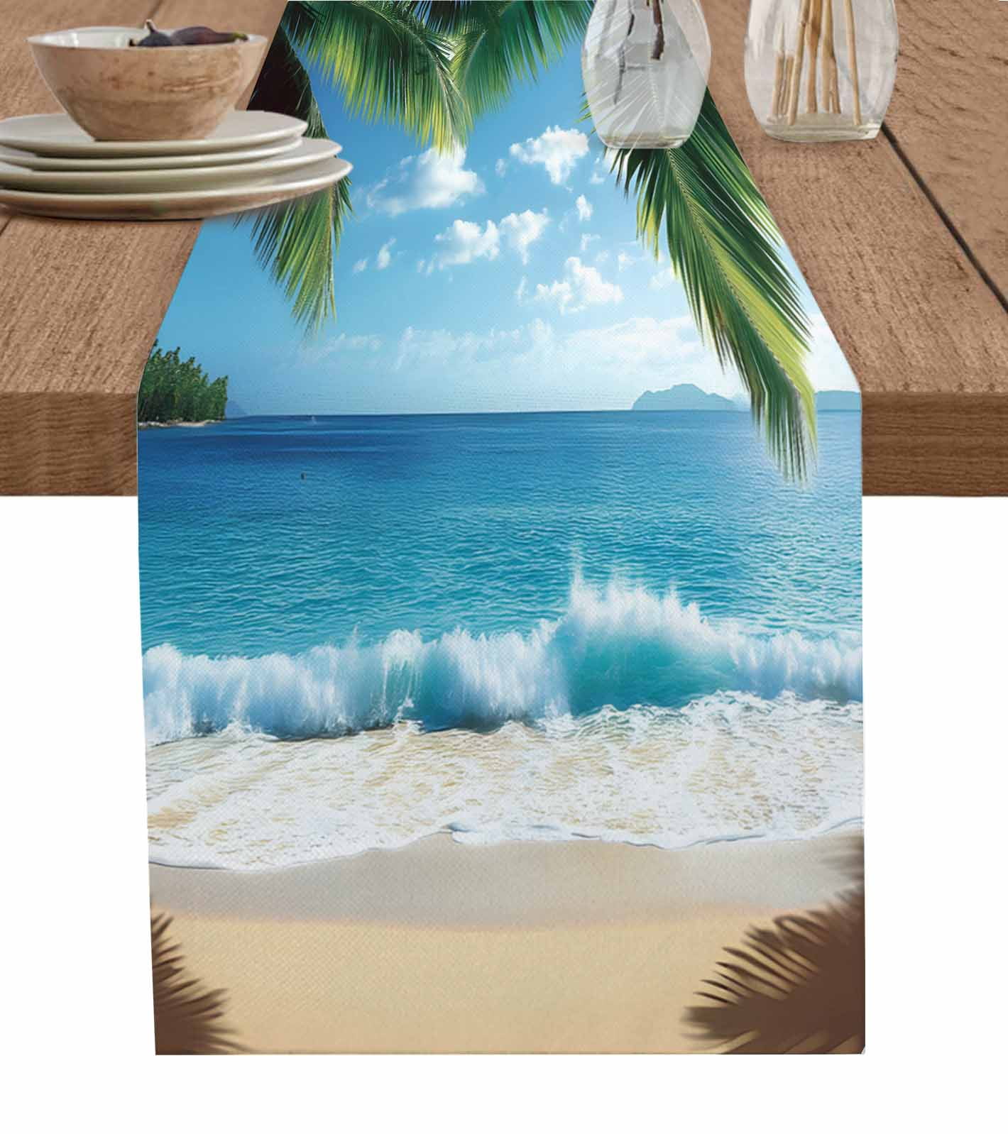 Summer Beach Coastal Table Runner Palm Tree Sandy Vacation Tablerunners ...