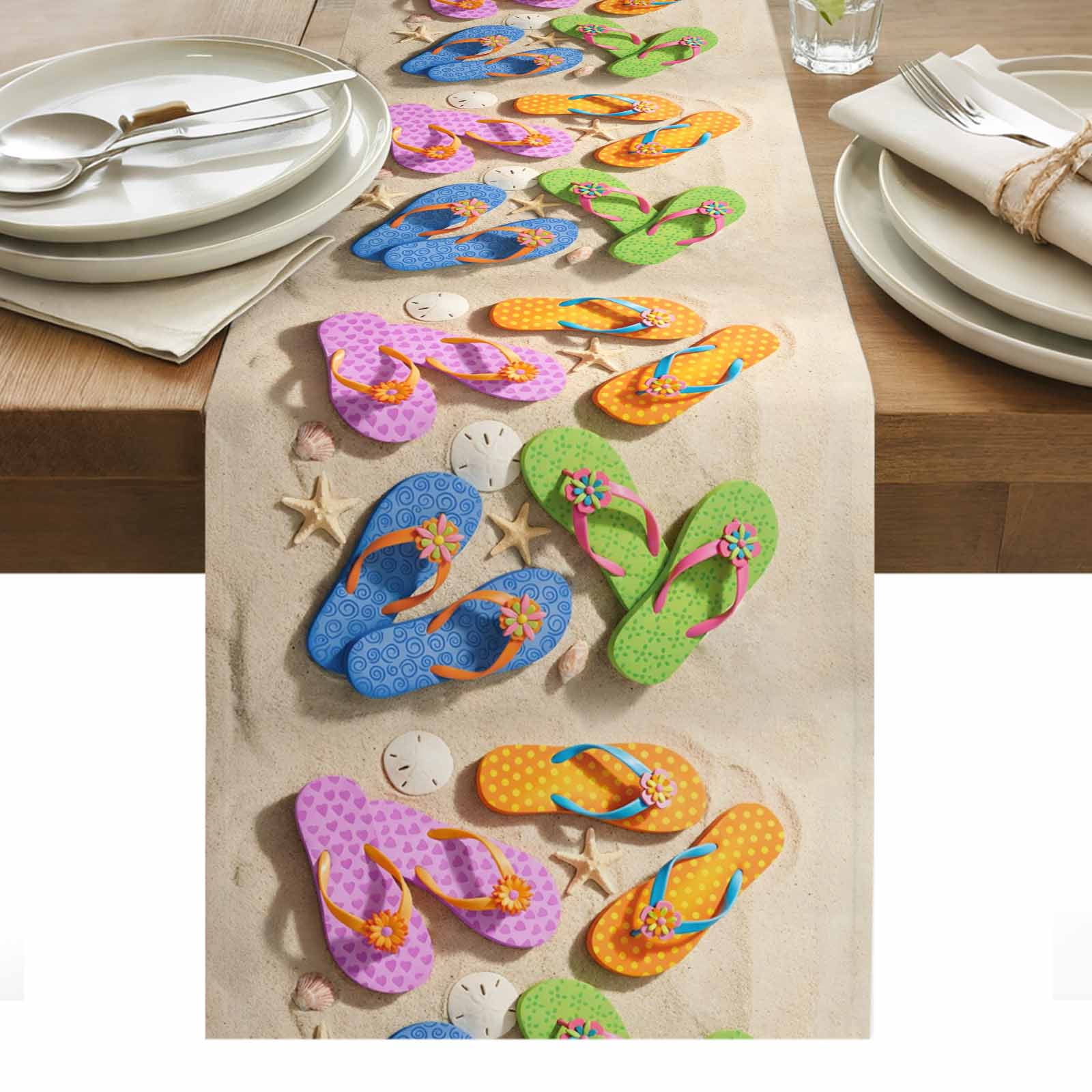Summer Beach Cotton Linen Table Runner Beach Colored Slippers Shell Sea ...
