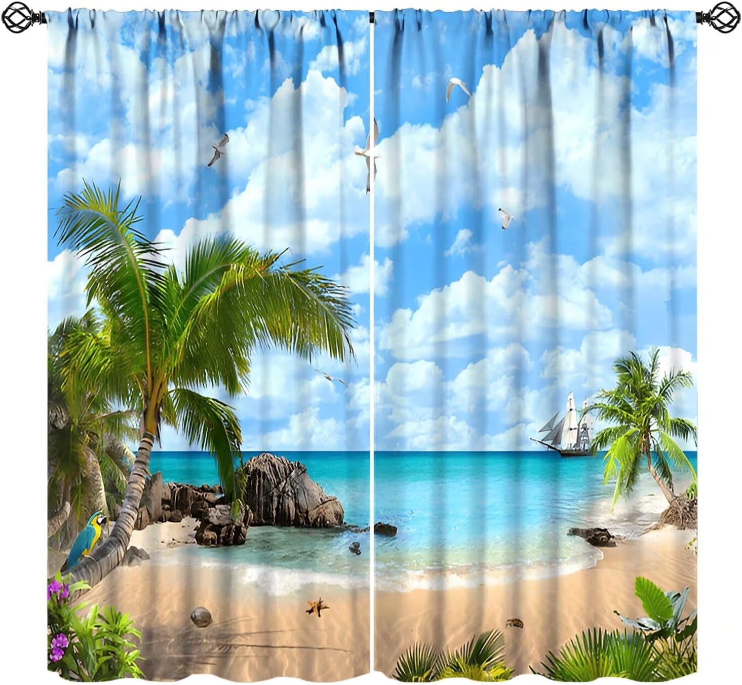 Summer Beach Curtains, Tropical Island Coastal Landscape Ocean Plam ...