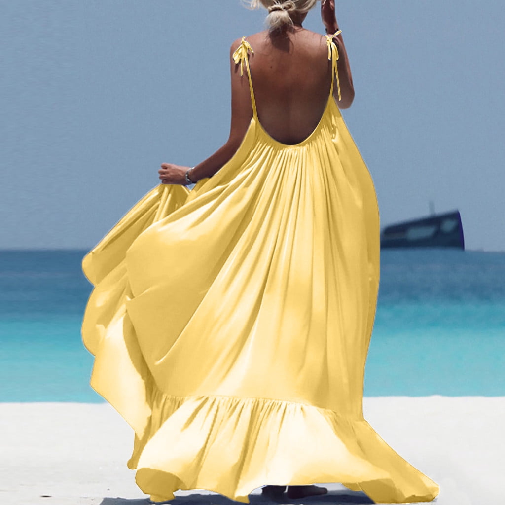 Summer Beach Dresses For Women 2022 Women Boho Maxi Solid Sleeveless Long Backless Dress Evening