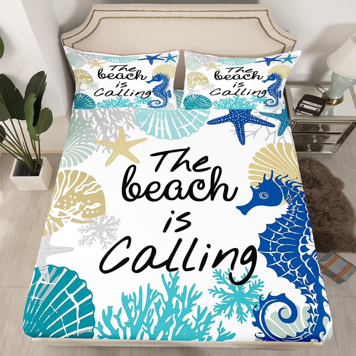 Summer Beach Fitted Sheet Blue Seahorse Bed Sheets Full,Nautical ...