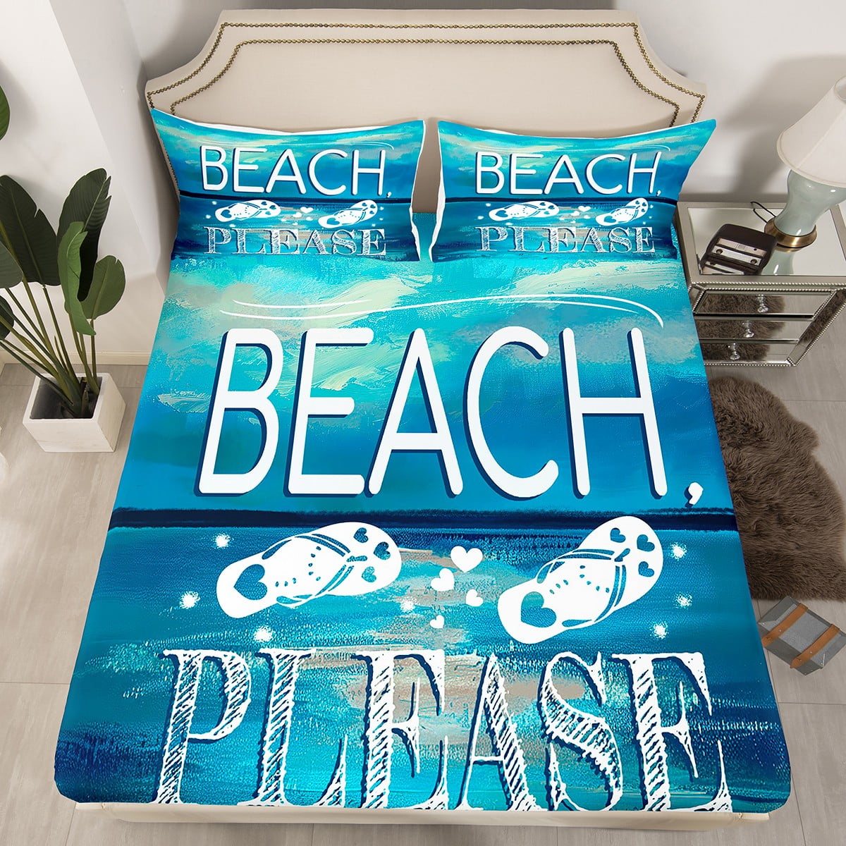 Summer Beach Fitted Sheet Hawaii Flip Flops Twin Bed Sheets,Sea Palm ...