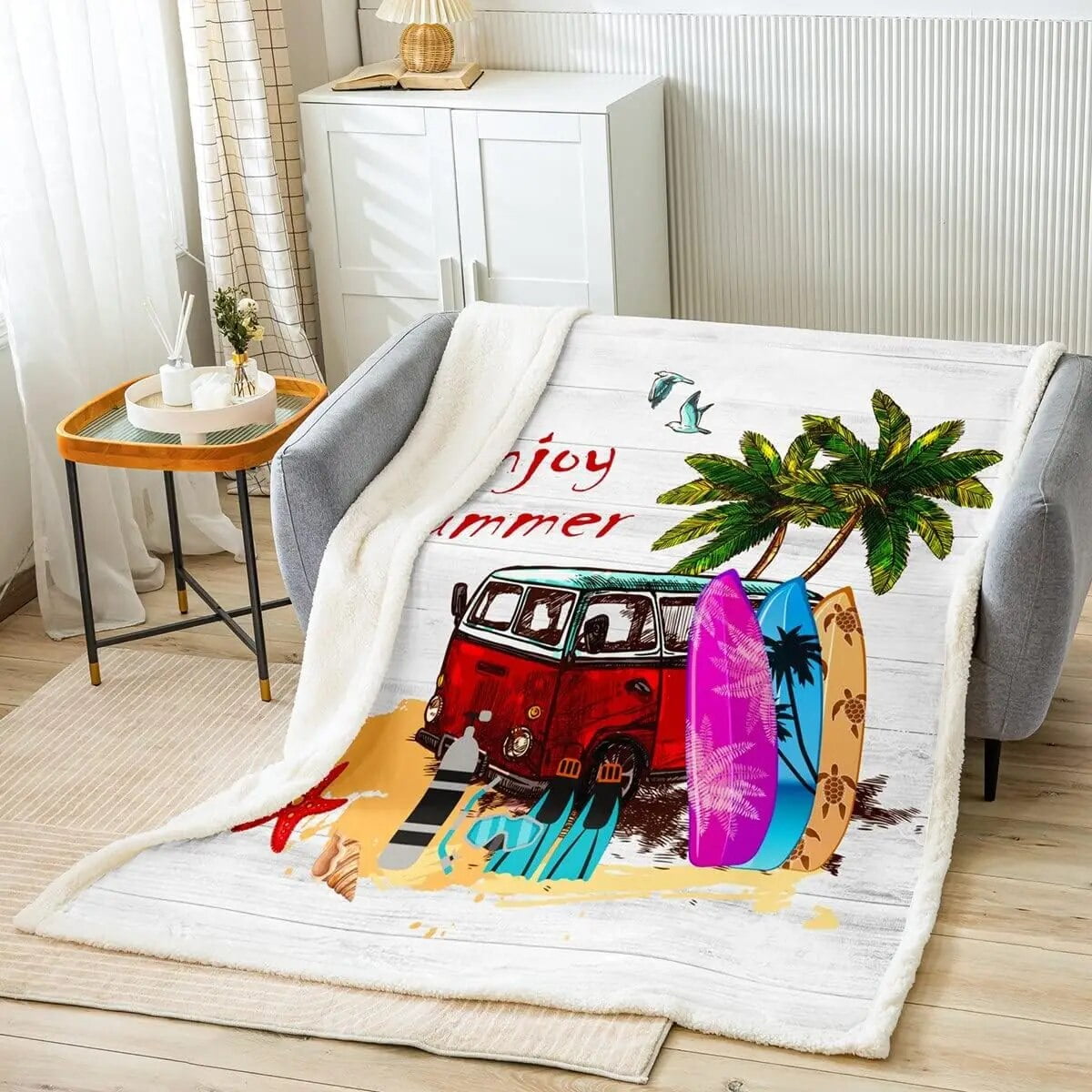 Summer Beach Flannel Blanket Red Camper Colorful Surfboard Fuzzy ...