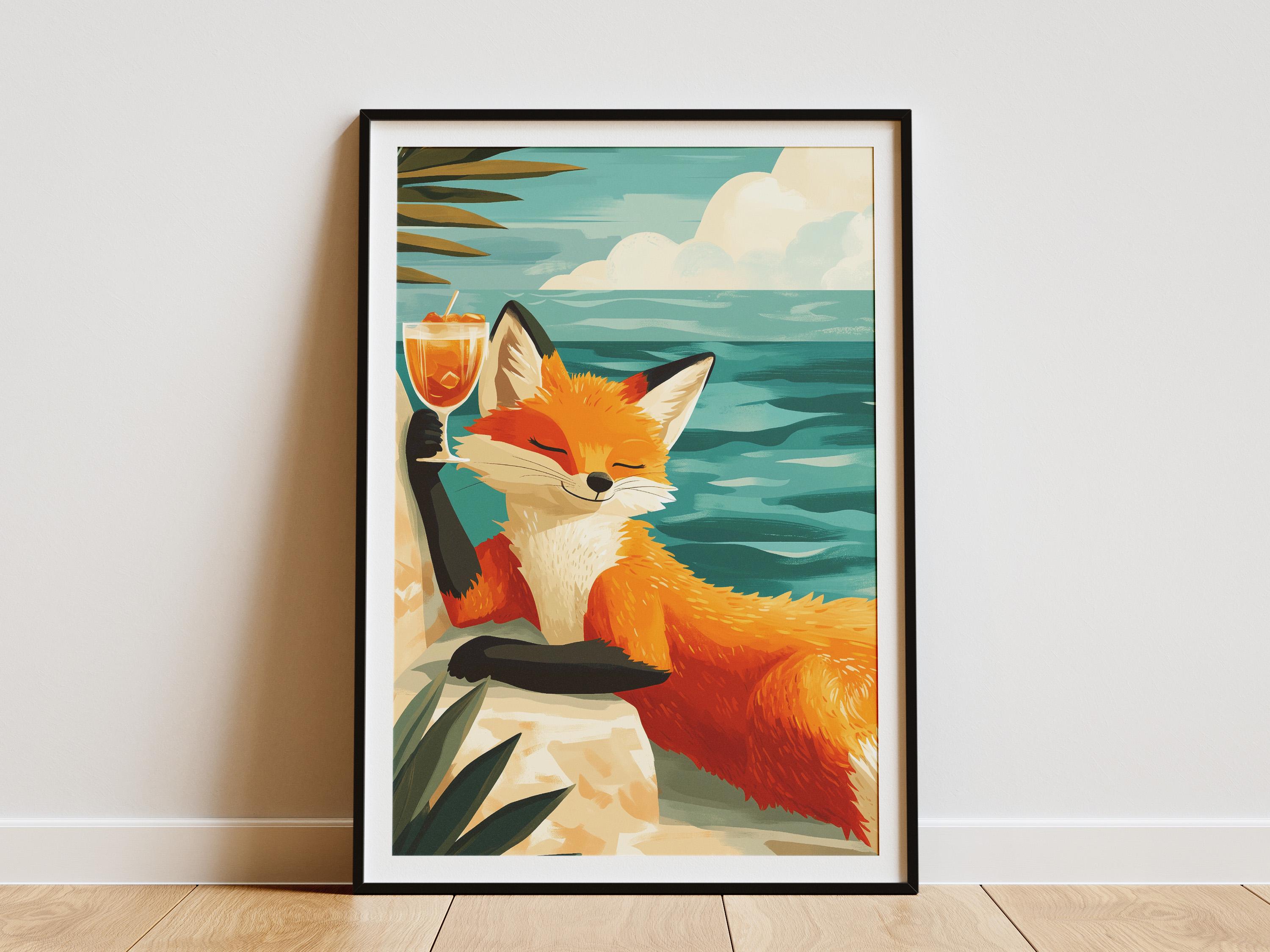 Summer Beach Fox Cocktail Poster Orange Fox Art Print Coastal Animal ...