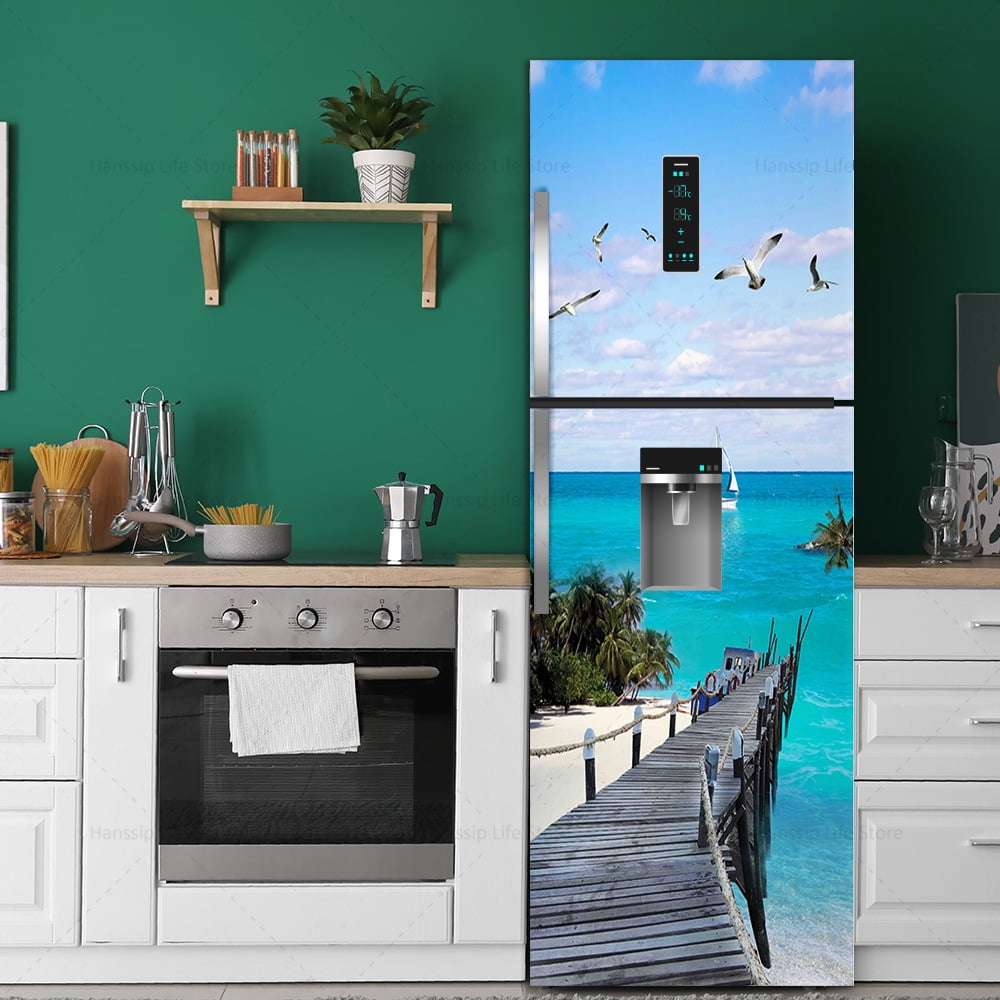 Summer Beach Fridge Mural 3D Refrigerator Stickers Waterproof Vinyl Sea ...