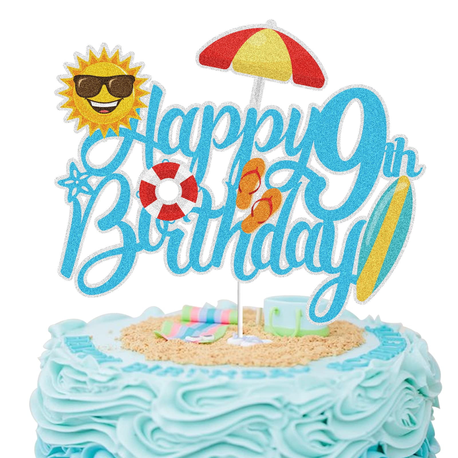 Summer Beach Happy SCH4 9th Birthday Cake Topper Blue Glitter Summer ...