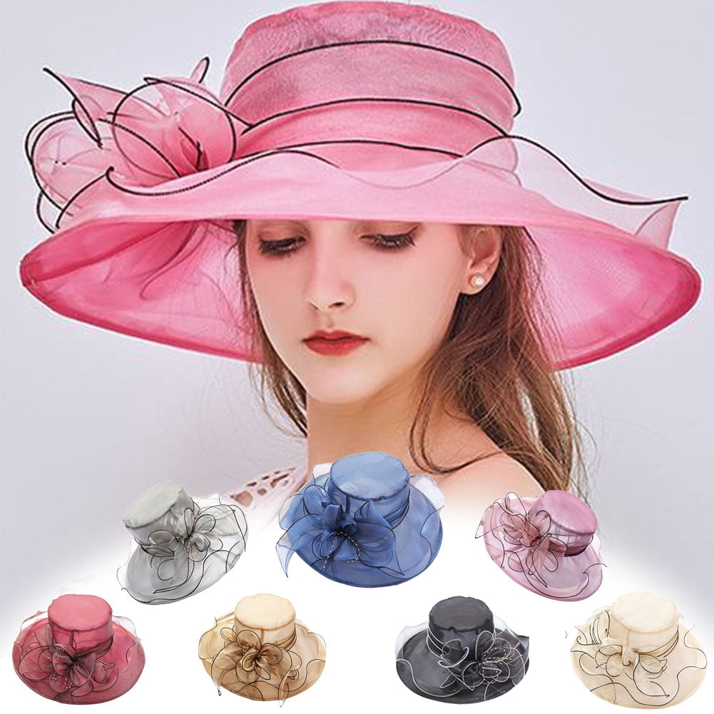 Summer Beach Hat for Women, Floral Organza Wide Brim Church Fascinator ...