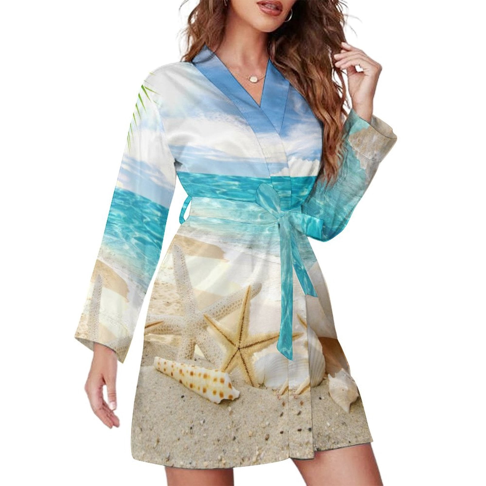 Summer Beach Hawaiian Ocean Palm Tree Marine Sea Waves Night Robe Long ...