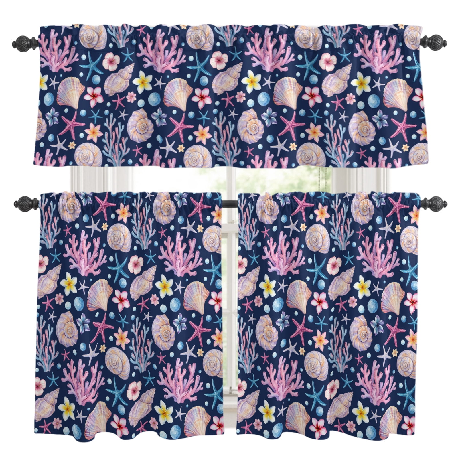 Summer Beach Kitchen Curtains Set for Windows, Ocean Starfish Shell ...