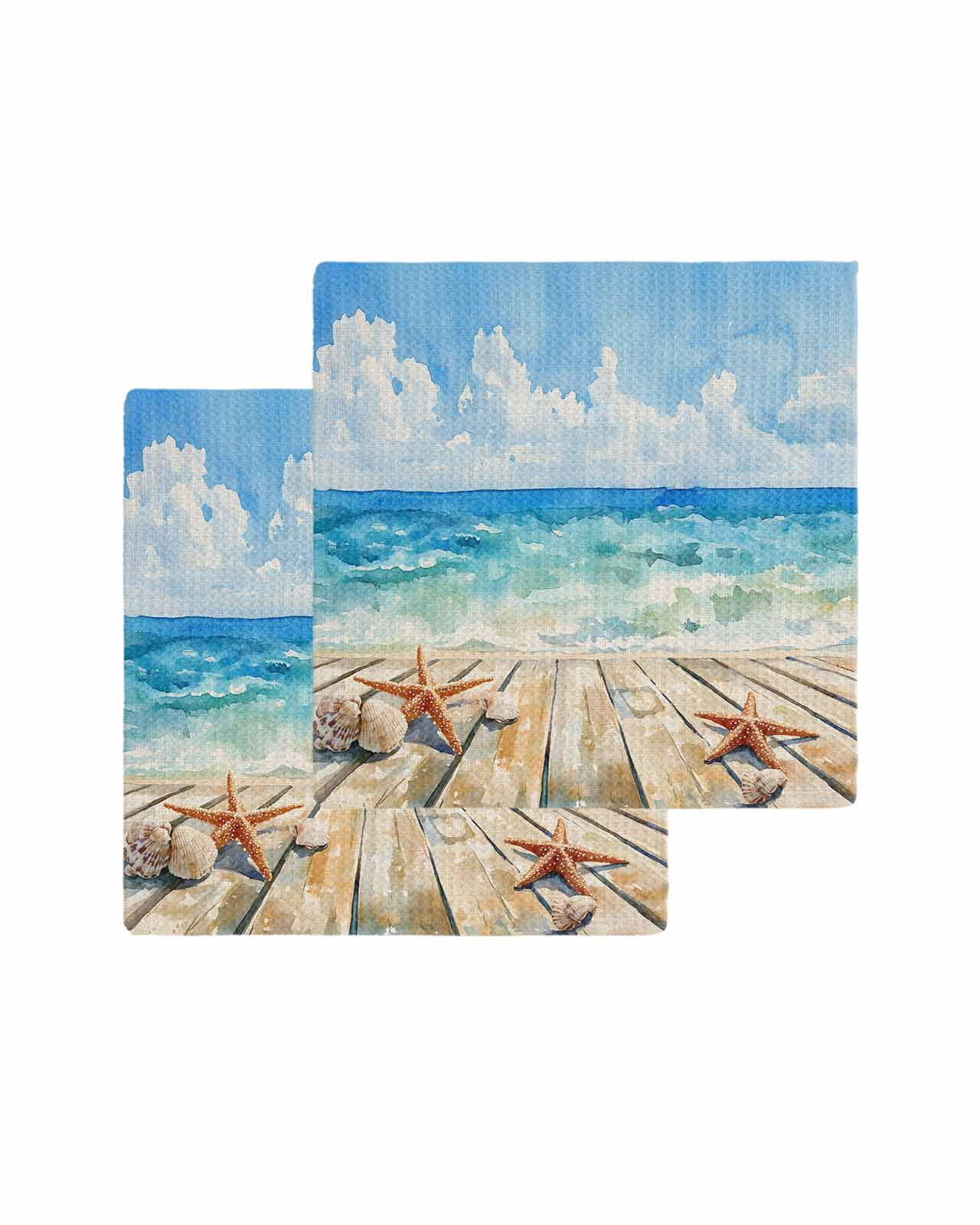 Summer Beach Kitchen Dish Towels for Drying Dishes Set of 2, Coastal Starfish Seashells Ocean ...