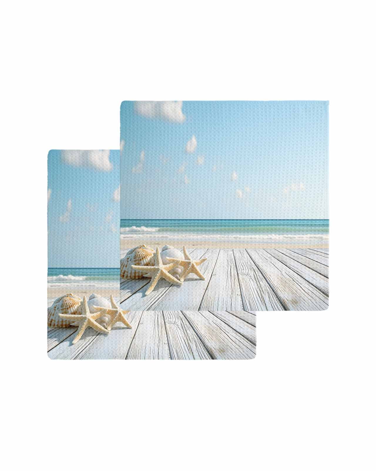 Summer Beach Kitchen Dish Towels for Drying Dishes Set of 2, Ocean Coastal Starfish Seashells ...