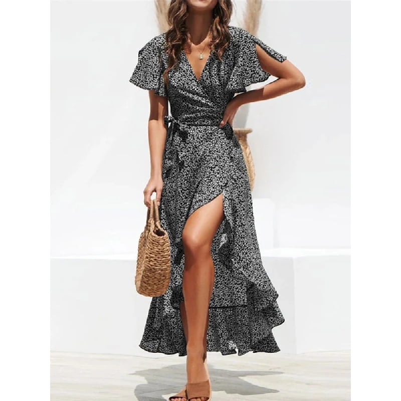 Summer Beach Maxi Dress Women Floral Print Boho Long Chiffon Dress Ruffles Wrap Casual V-Neck ...