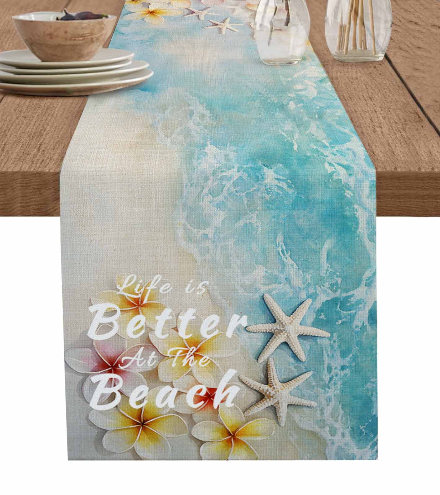 Summer Beach Ocean Burlap Cotton Table Runner 13x120 Inches Long ...