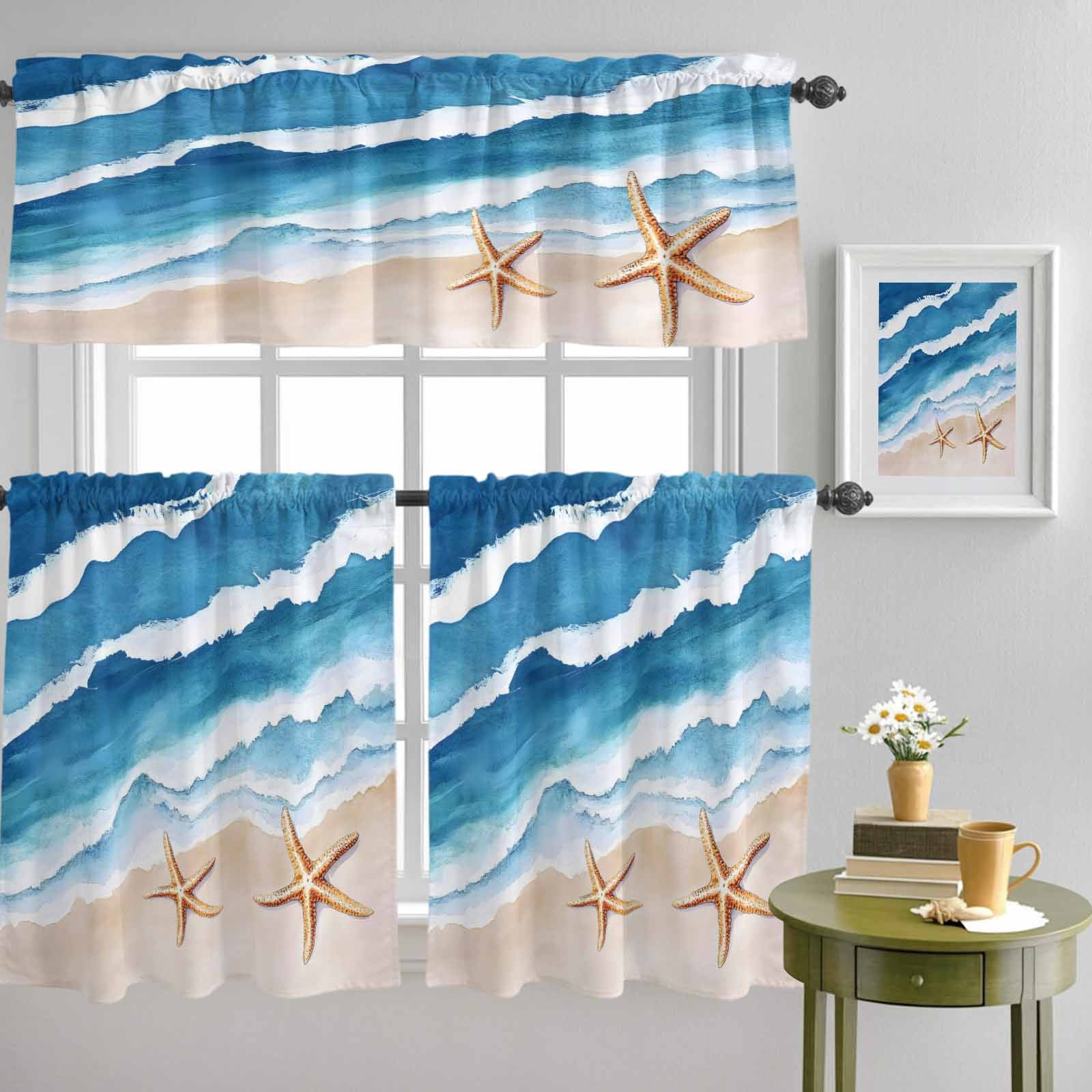 Summer Beach Ocean Starfish Curtain Tier and Valance Set 3 Piece, Blue ...