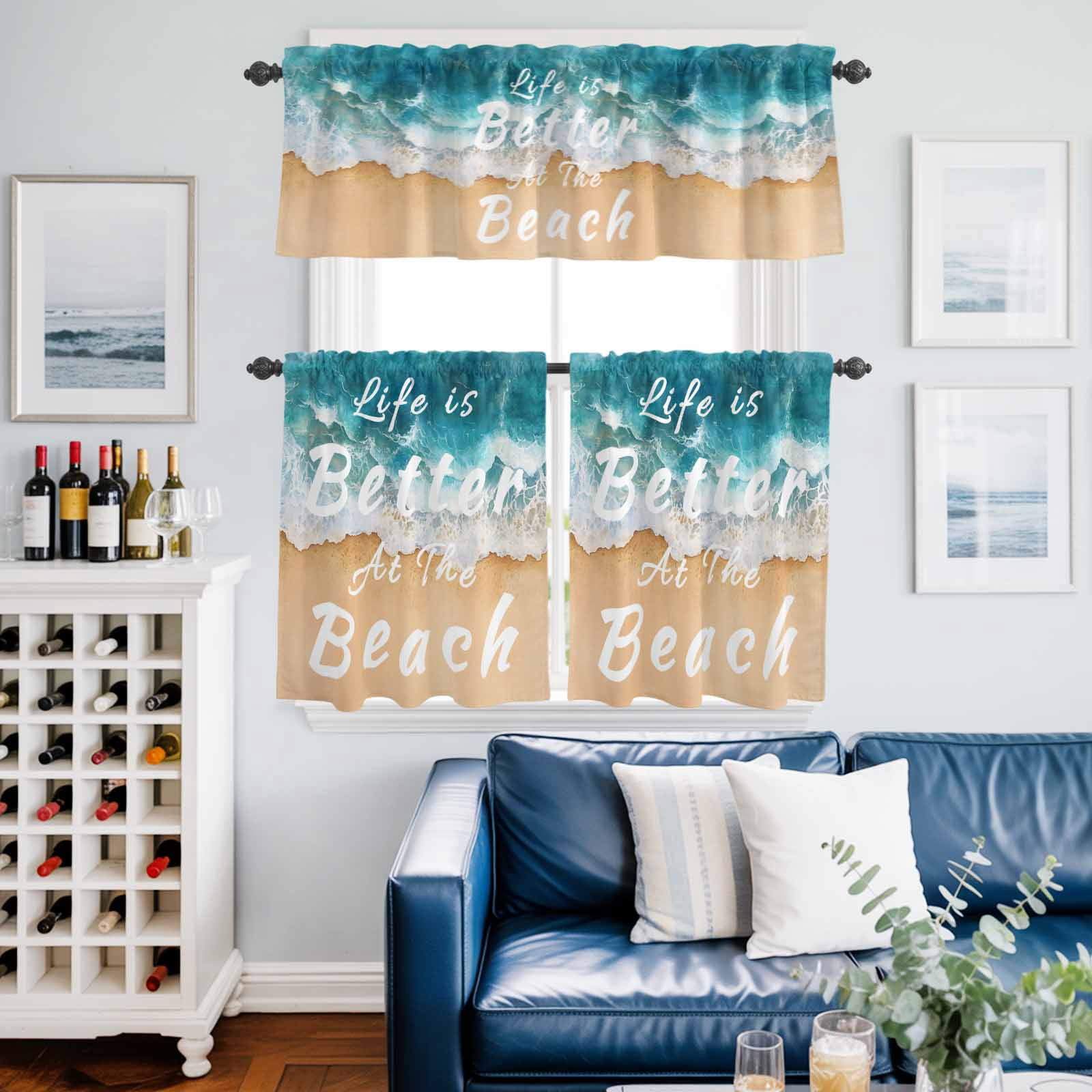 Summer Beach Ocean Wave Curtain Tier and Valance Set 3 Piece ...