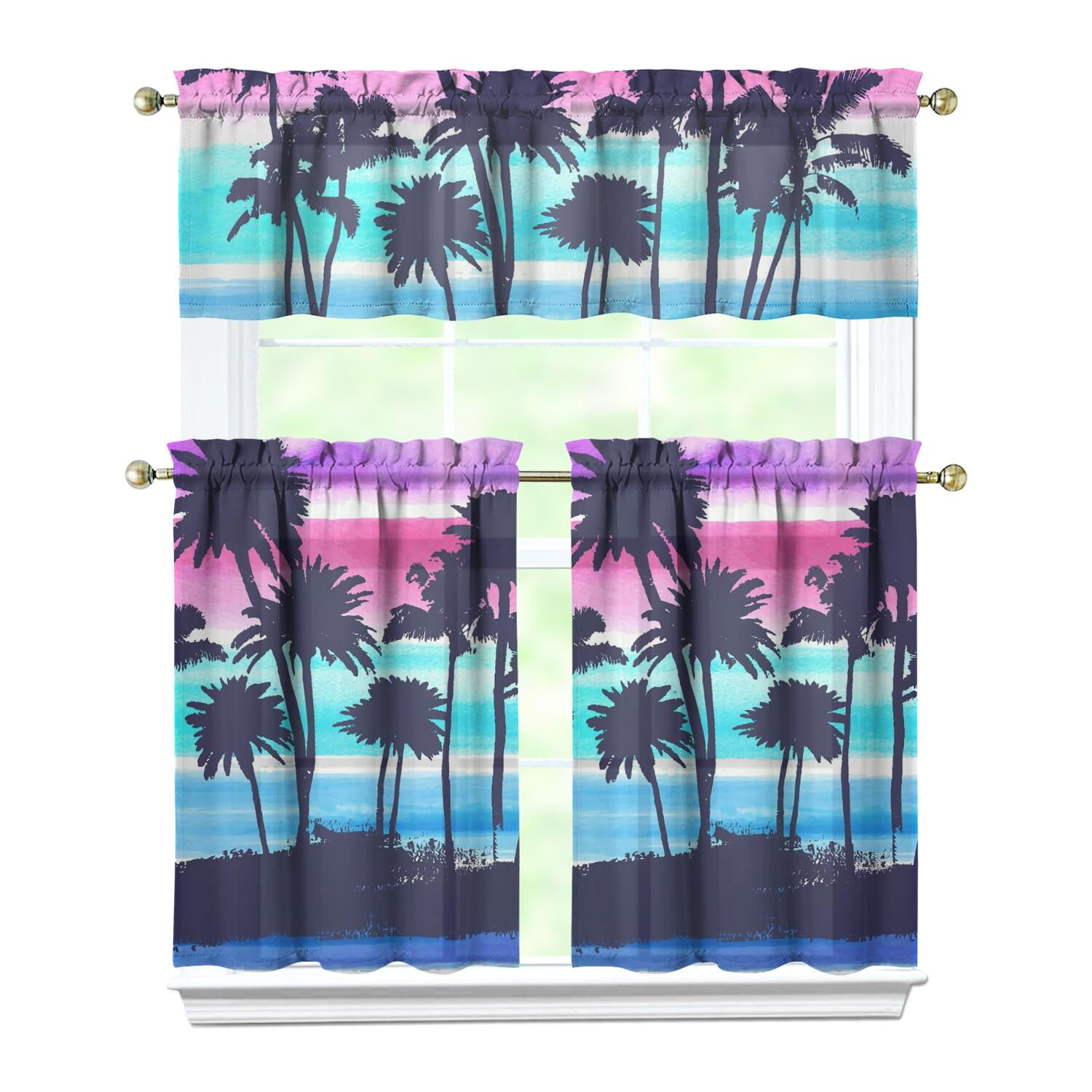 Summer Beach Palm Trees Kitchen Curtains Set, Rod Pocket Curtains ...