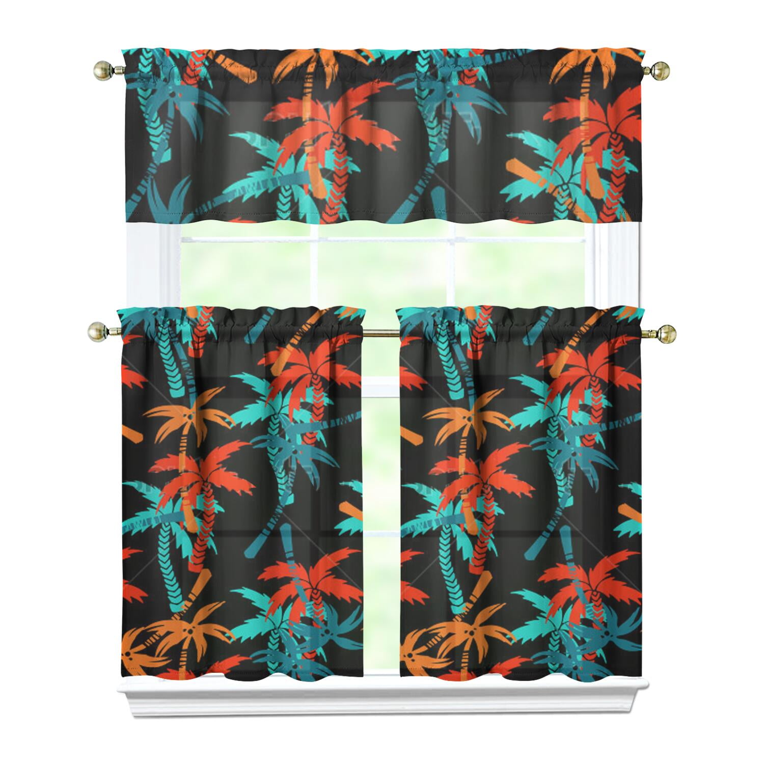 Summer Beach Palm Trees Kitchen Curtains Set, Rod Pocket Curtains ...