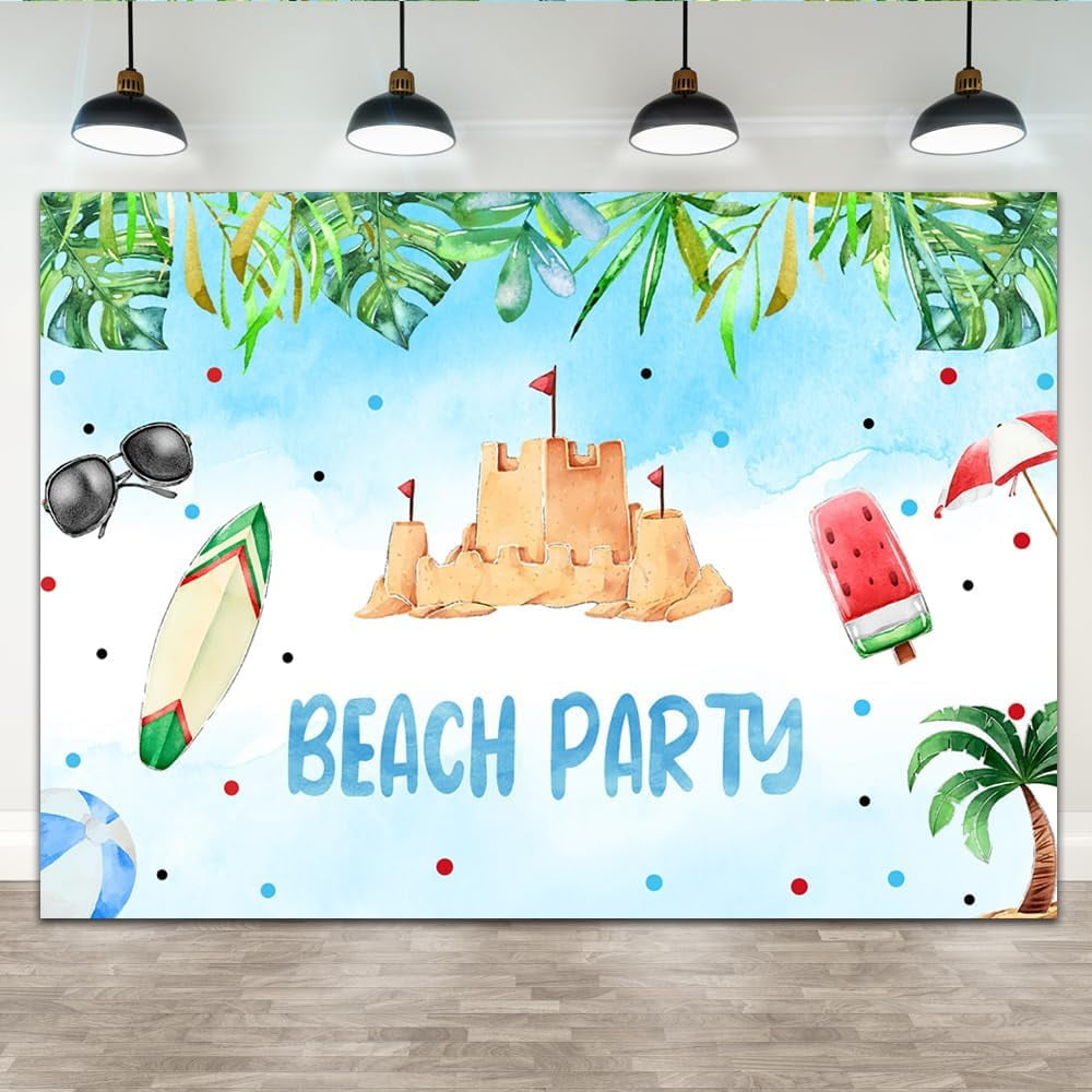 Summer Beach Party Backdrop Tropical Palm Leaf Swimming Happy Birthday ...