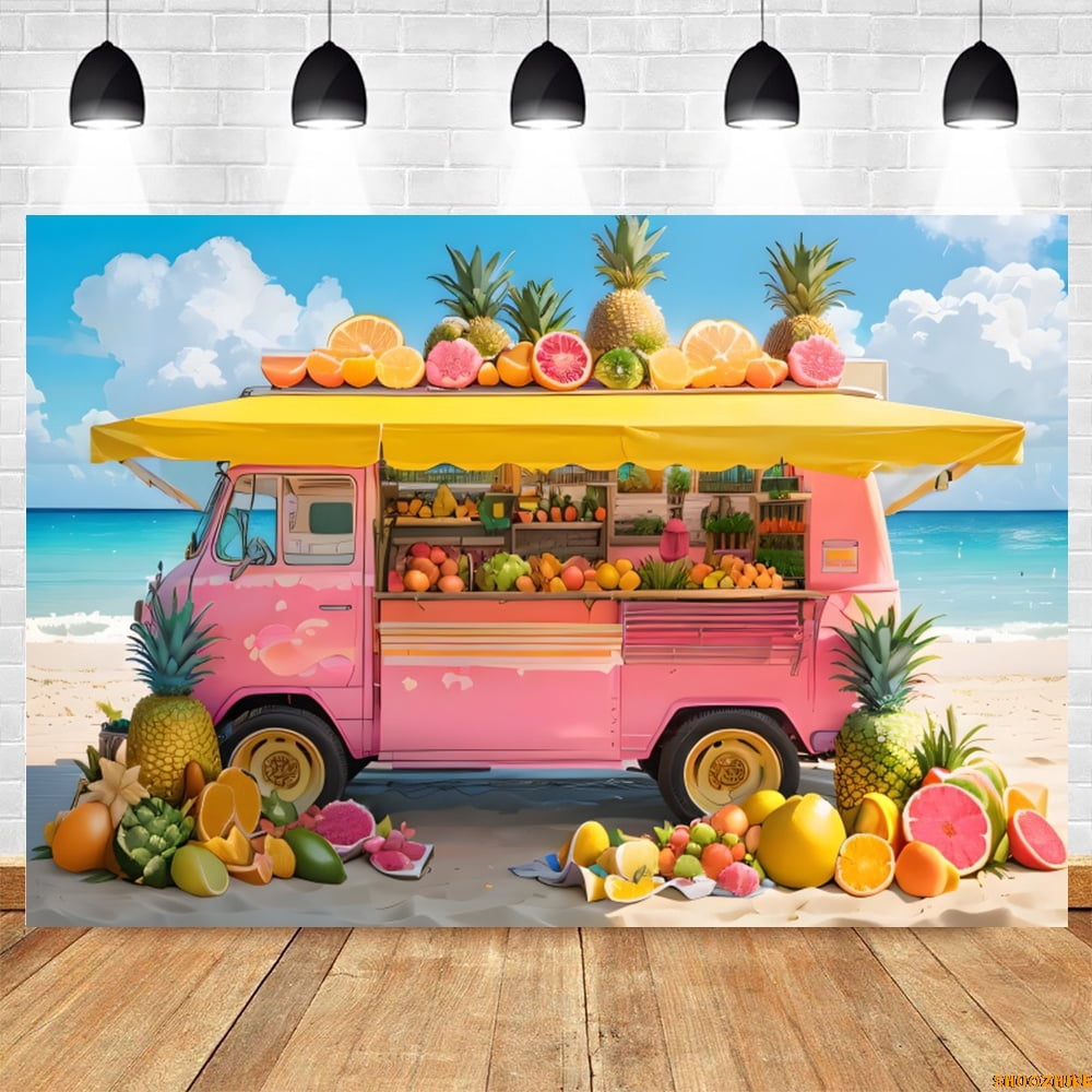 Summer Beach Photography Backdrop Tropical Seaside Beach Fruit Truck ...
