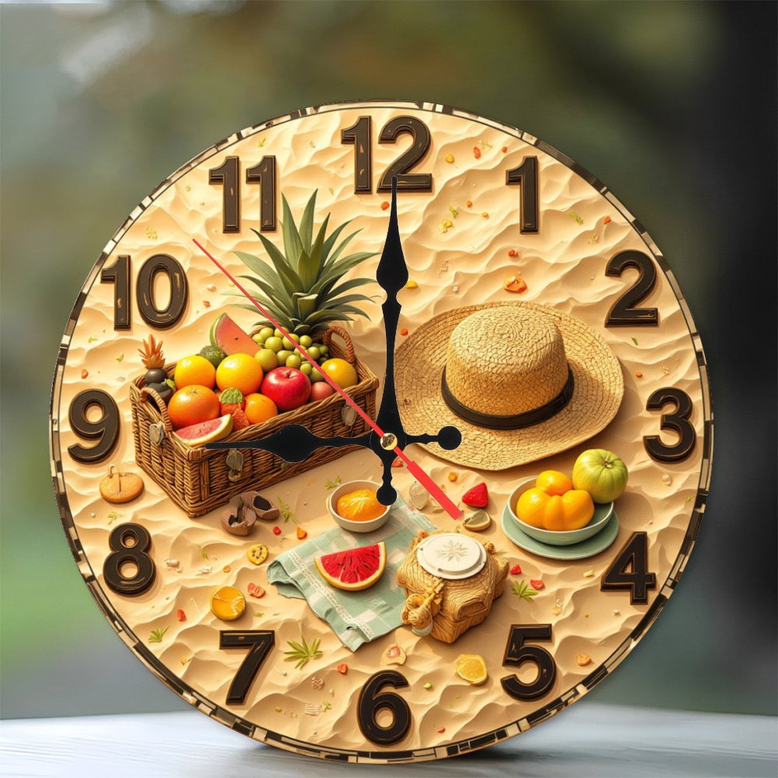 Summer Beach Picnic Clock Fruit Basket Wall Clock 10-Inch Silent Wooden ...
