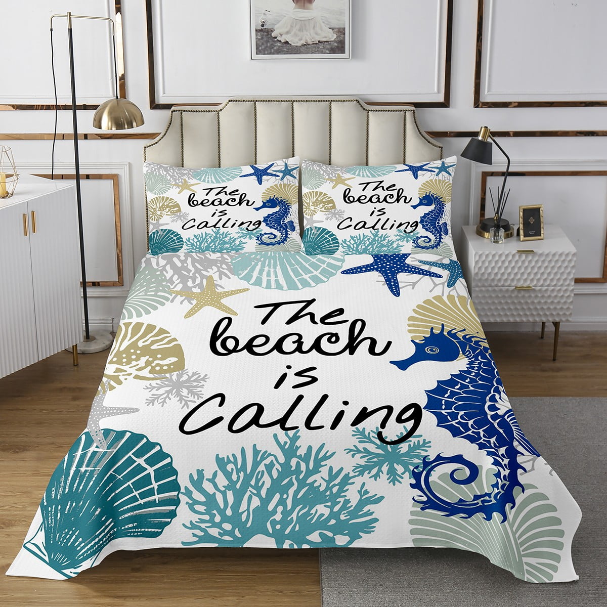 Summer Beach Quilt Set Blue Seahorse King Bedspread Set,Nautical ...